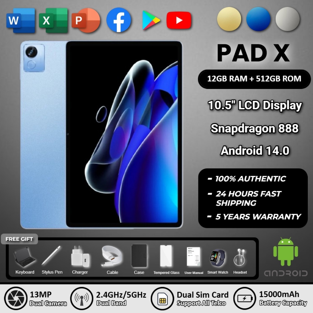 Pad X Android Tablet 10.5" LCD Display 12GB 512GB 4G LTE Dual Sim High ...