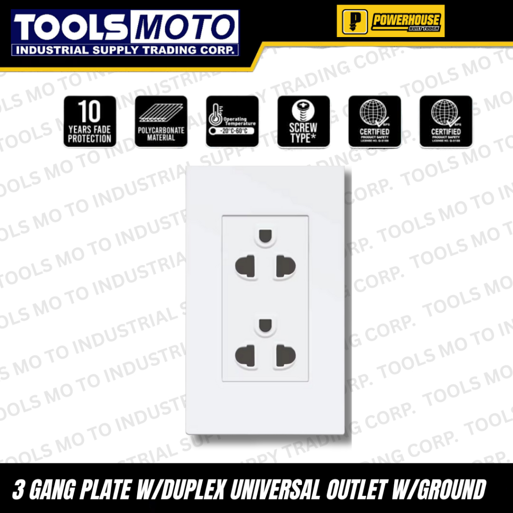 POWERHOUSE Electric 3 Gang Plate w/ Duplex Universal Outlet w/ Ground ...