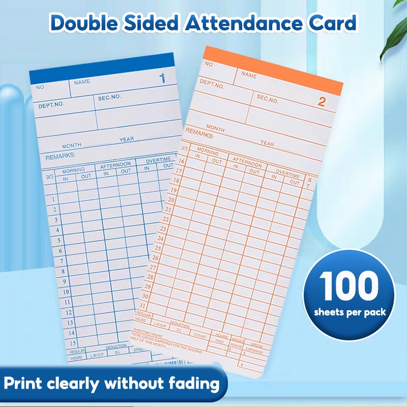 Double-side Timecard for Employee DTR Daily Attendance Time Record 100 ...