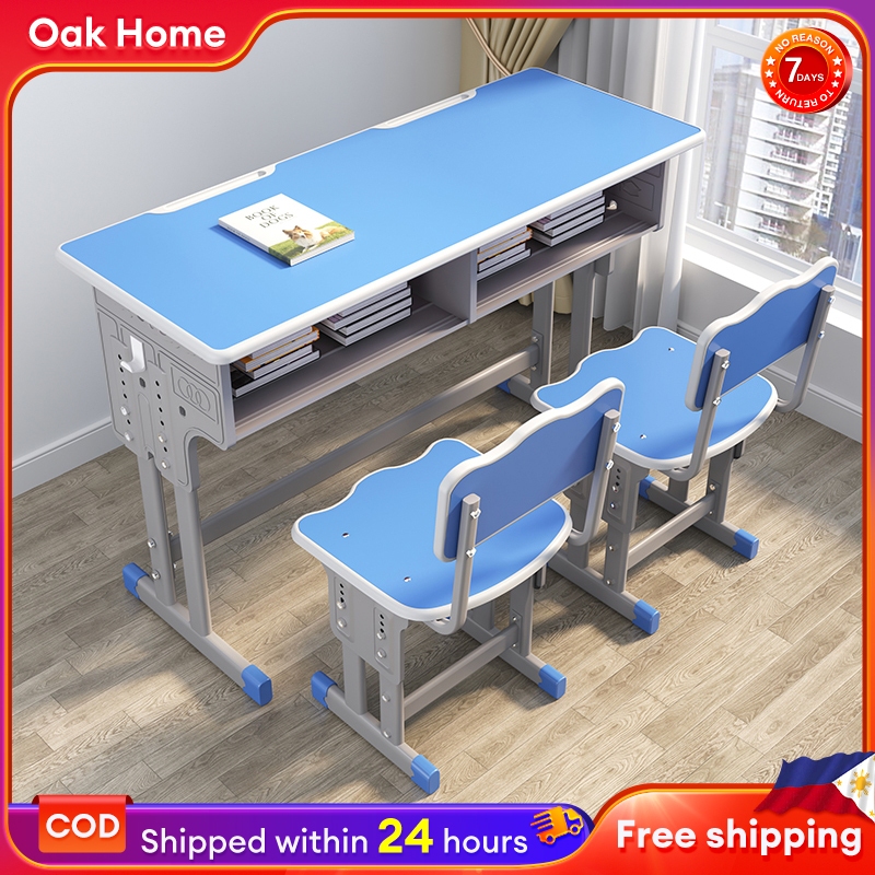 Study Table Double Desk & Chair Set Student Metal Frame Study Desk For ...