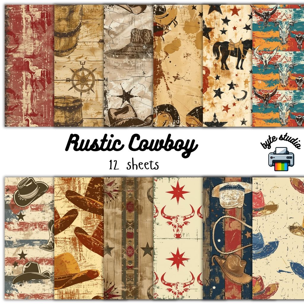 12 Sheets Rustic Cowboy by byte studio | Premium Craft Paper Junk Journal DIY Stationery ...