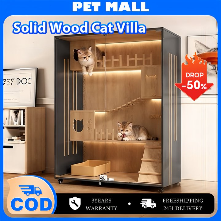 Wood Cat Villa Spacious Multi-Layer Cat House with Tempered Glass ...