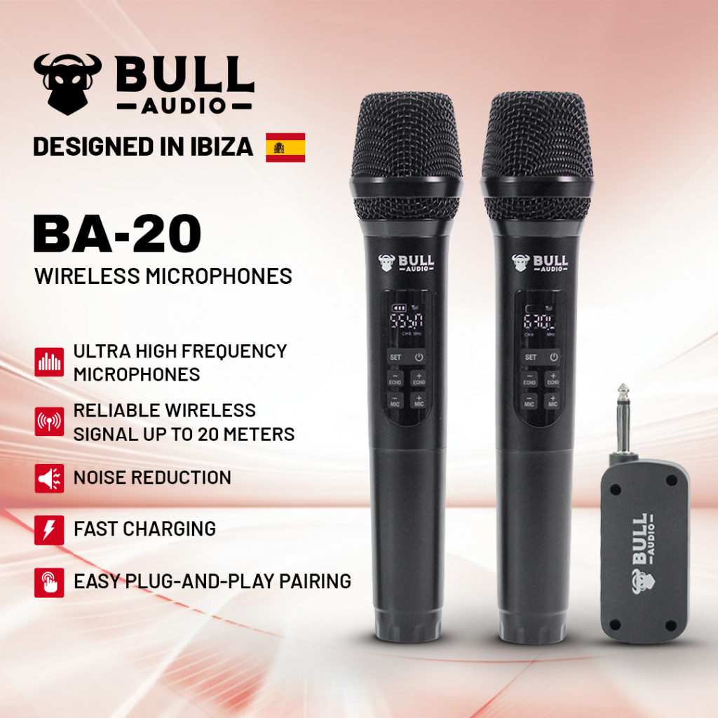 Bull Audio BA-20 Dual UHF Universal Wireless Microphone Set with Led ...
