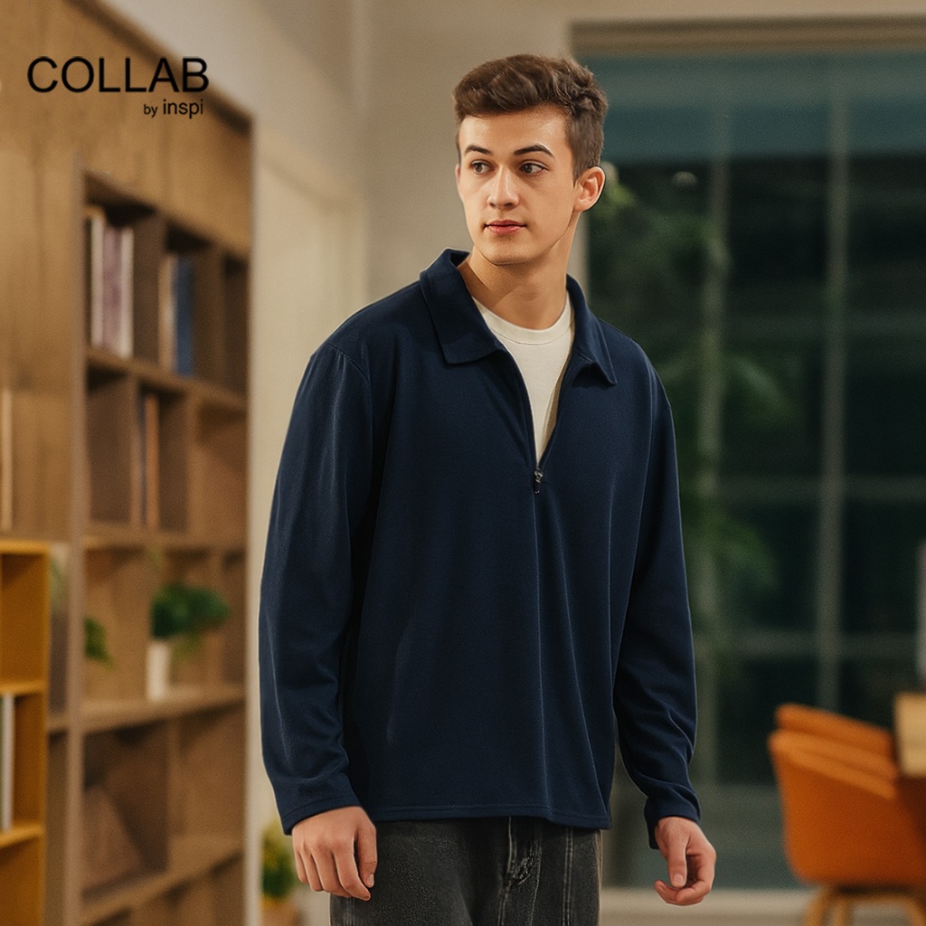 COLLAB by Inspi Waffle Zip Polo Long Sleeve For Men Plain Sweatshirt ...