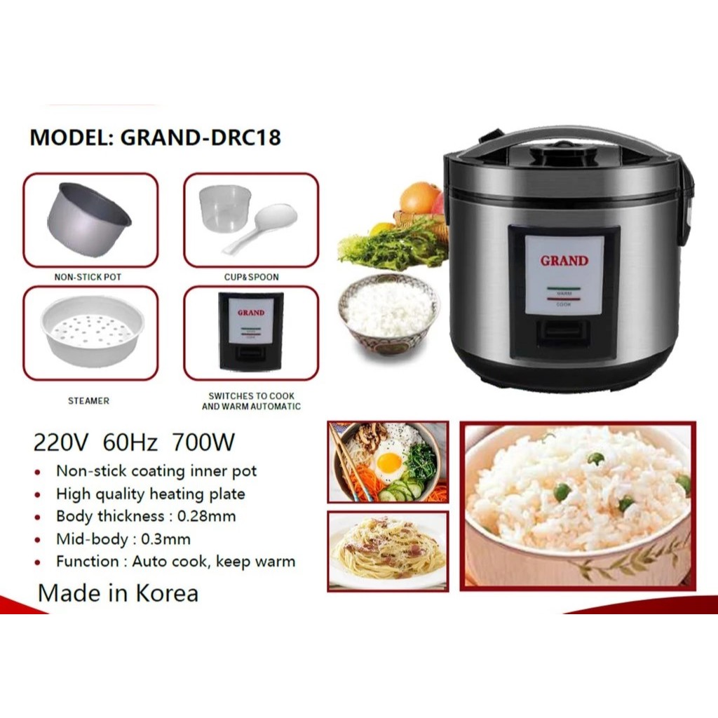 Grand 1.8L Silver Drum Rice Cooker DRC-18 | Shopee Philippines