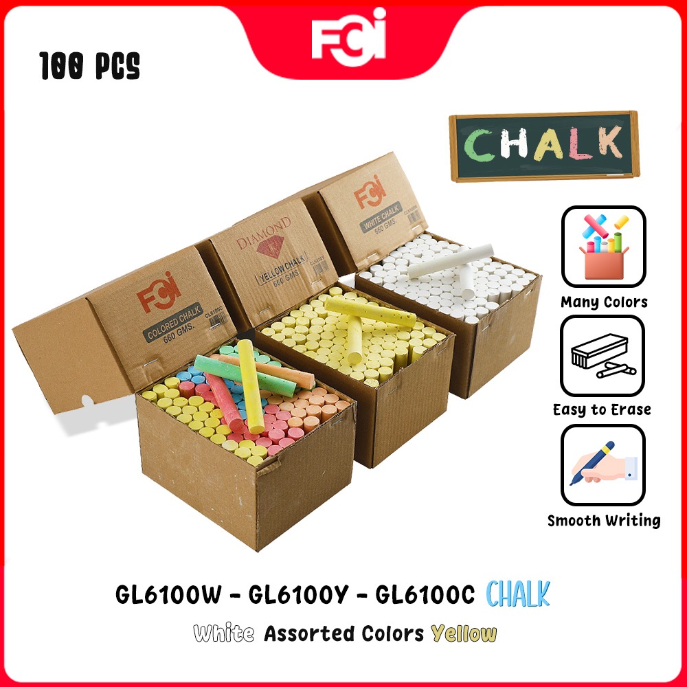 FCI Blackboard Chalk In White, Yellow, Assorter Colorful 100pcs Dust ...
