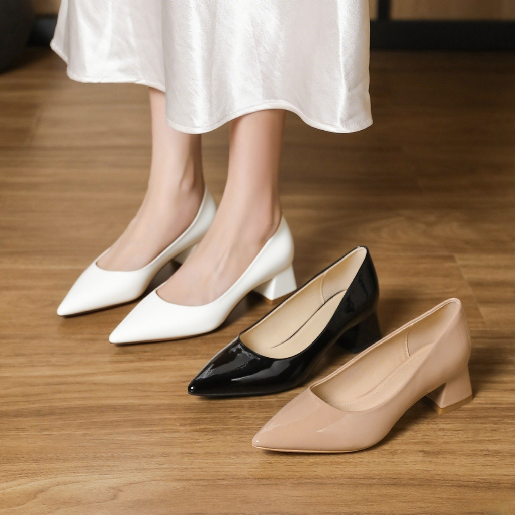 Henice New Korean Fashion Leather Pointed Block Heels Elegant Low Heel ...