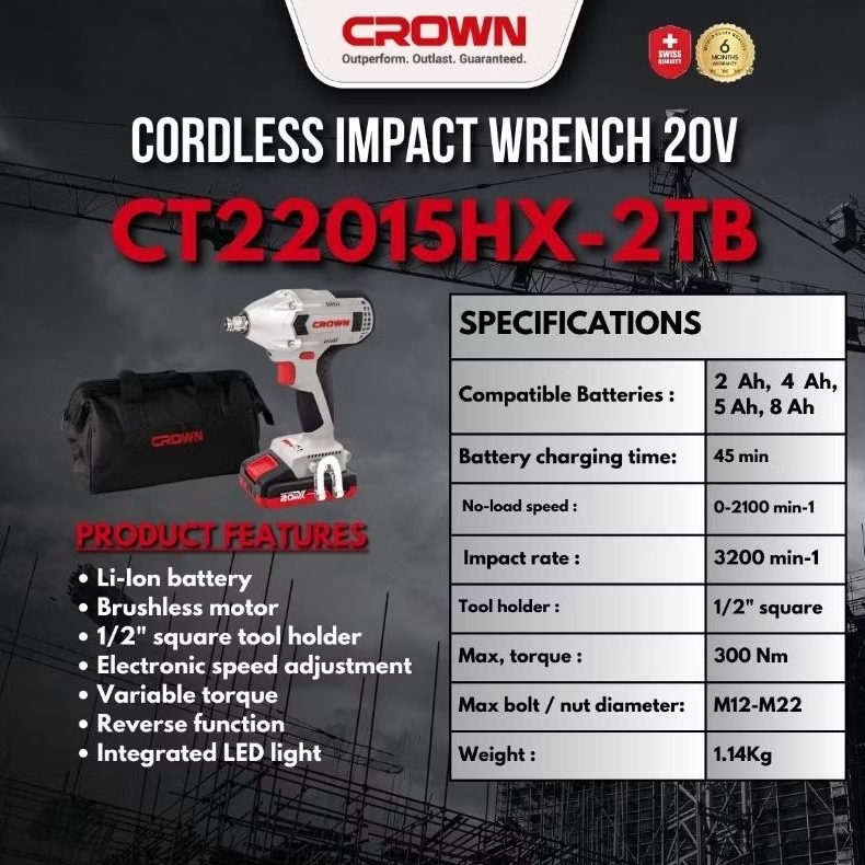 CT22015HX-2 Crown Cordless Impact Wrench 20v 2Ah | Shopee Philippines