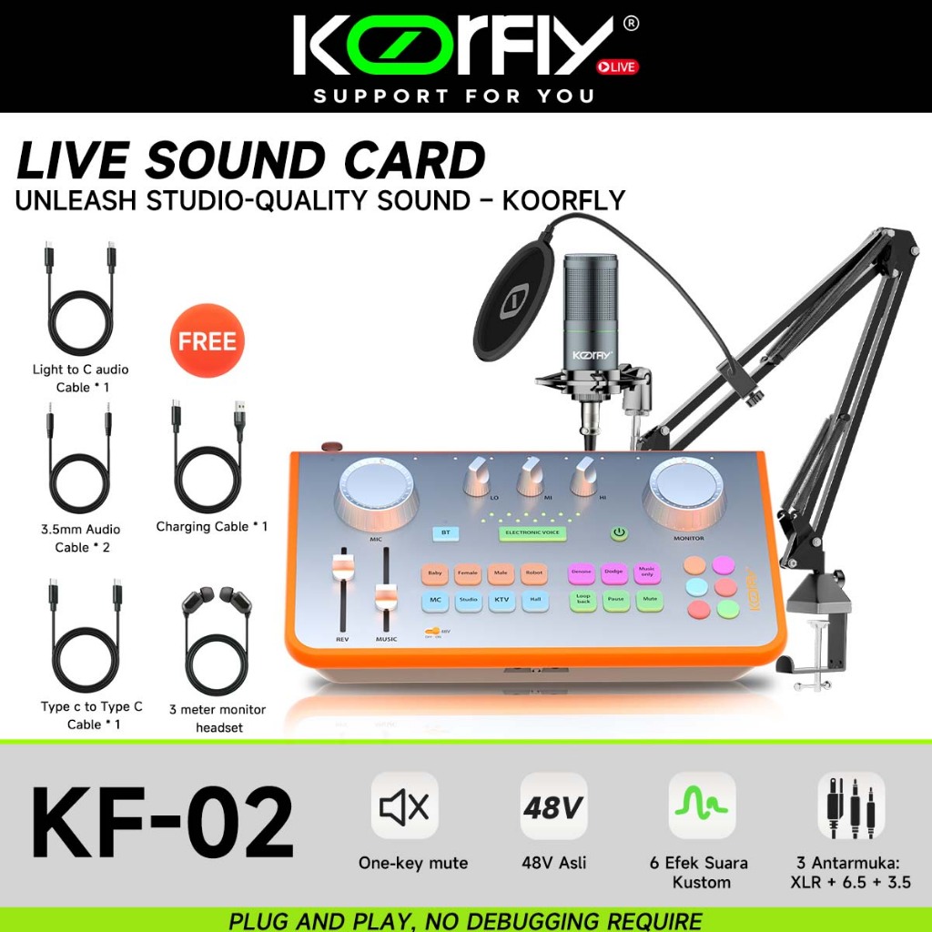 Koorfly Podcast Equipment Bundle KF02 Live Sound Card Audio Mixer Vocal ...