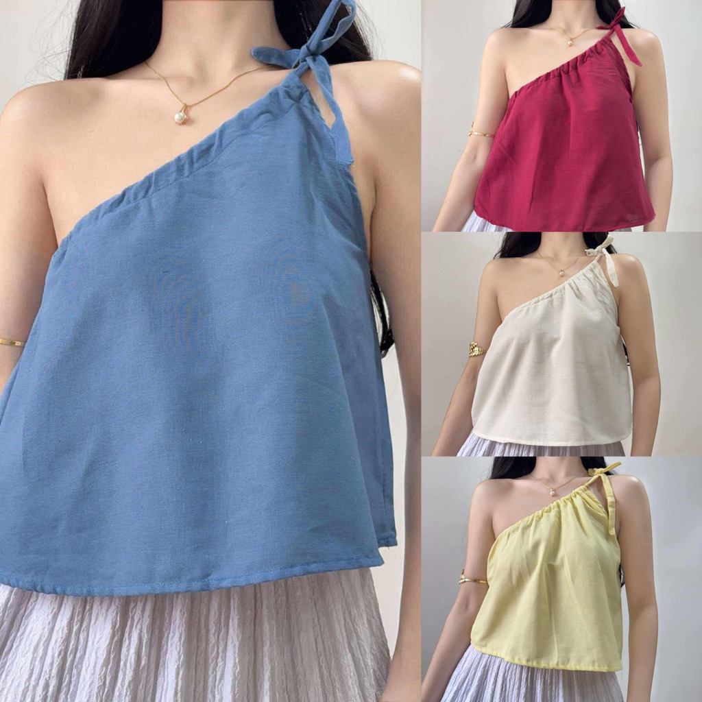 MIEL One Side Ribbon Strap Flowy Linen Tops | Shopee Philippines