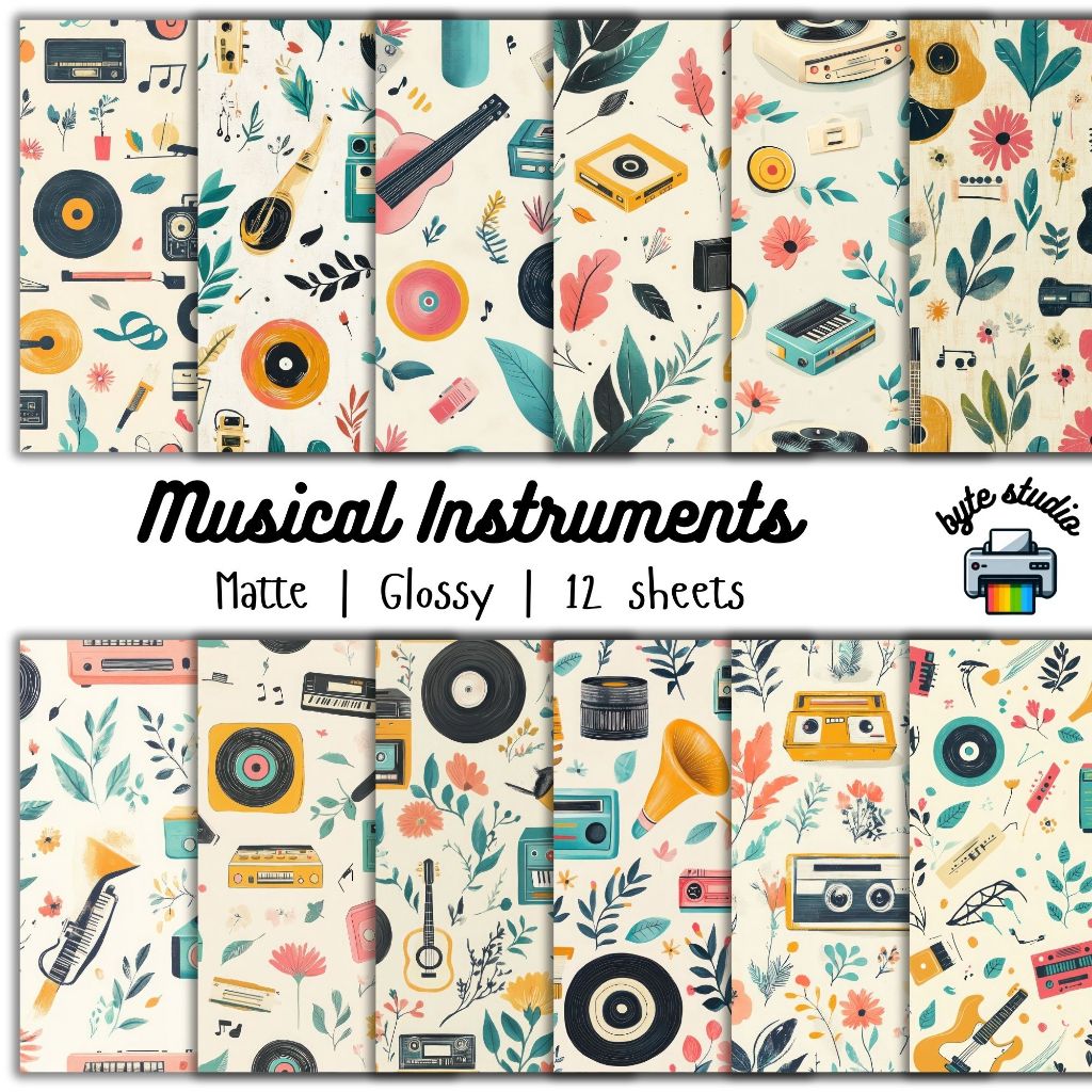 12 Sheets 8x8 Musical Instruments by byte studio | Cardstock Craft ...
