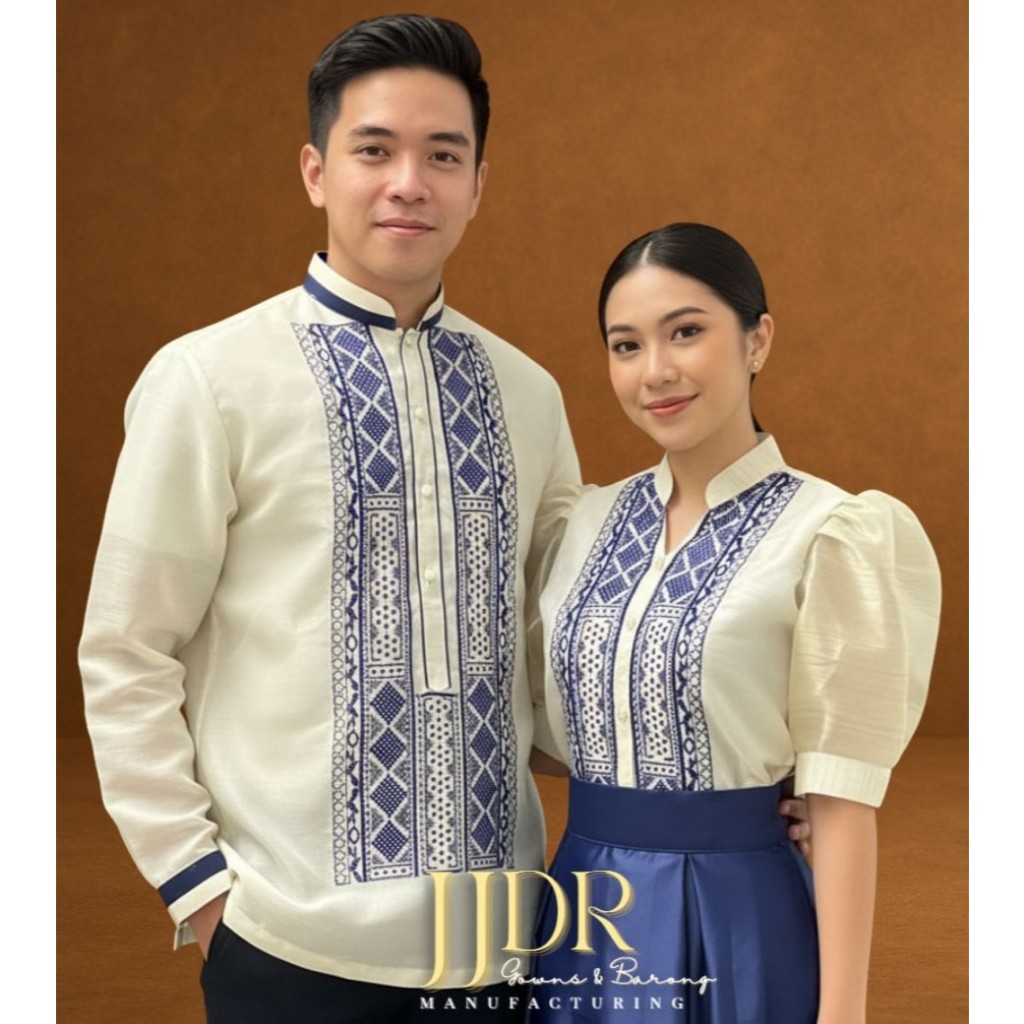 JJDR's NAVY BLUE EMBROIDERY COUPLE BARONG (PUFF SLEEVES LADIES & HALF ...