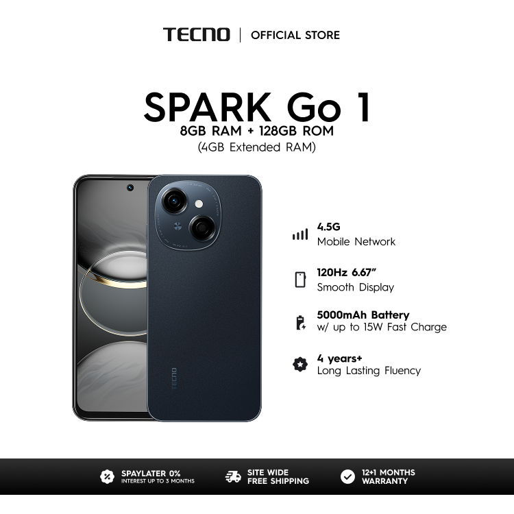 TECNO Spark Go 1 8GB (4+4) + 128GB | T615 Processor | 120Hz 6.67" Big Display | 15W 5000 mAh ...