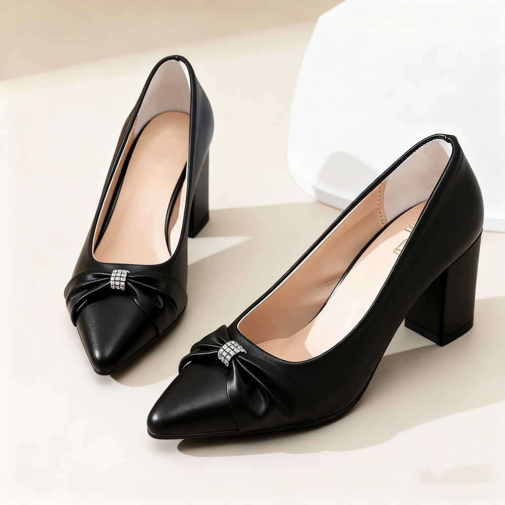 2 inch elegant bowknot pointed toe leather black heels for women school ...