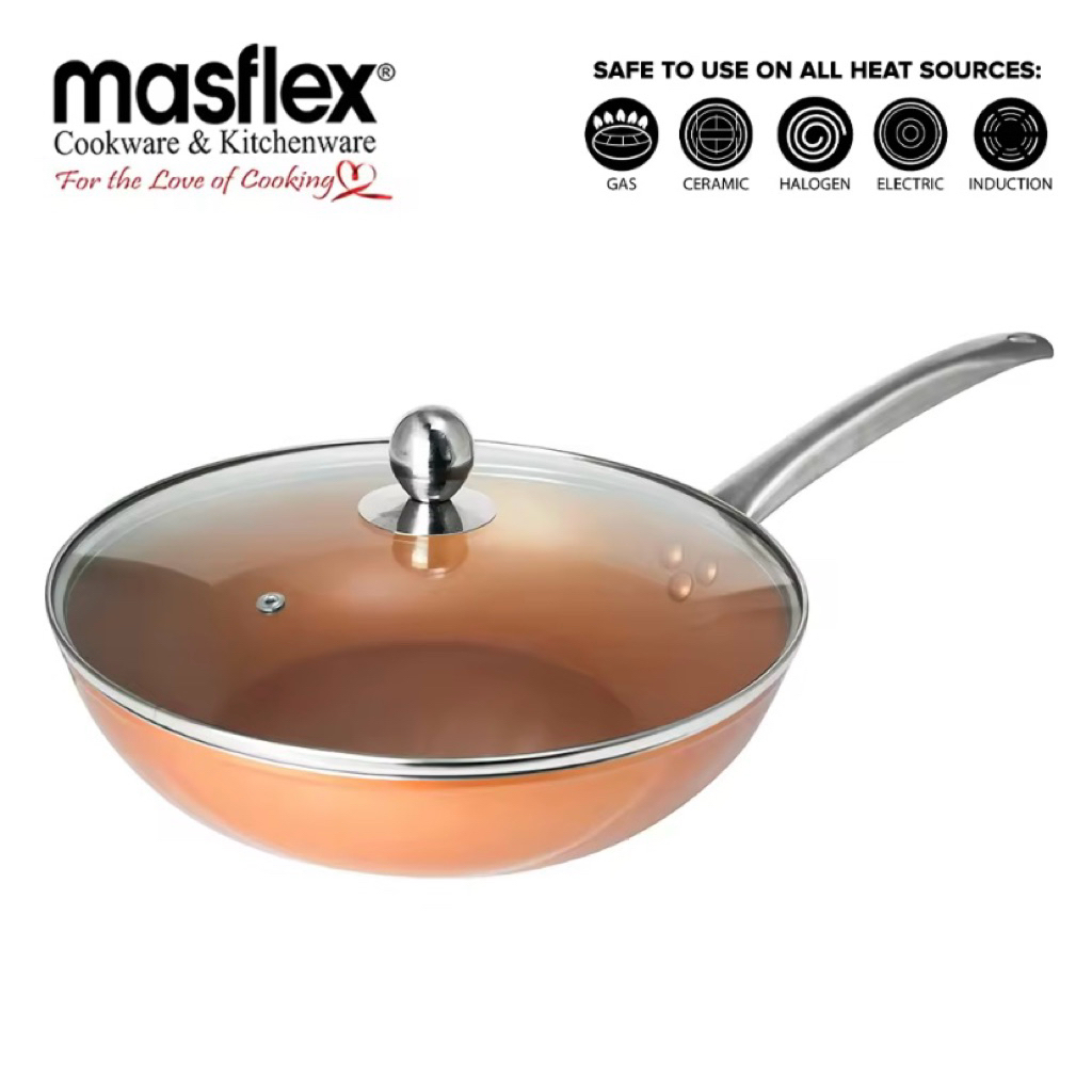 Masflex Copper Induction Non-Stick Wok 28 cm with Glass Lid Suitable ...