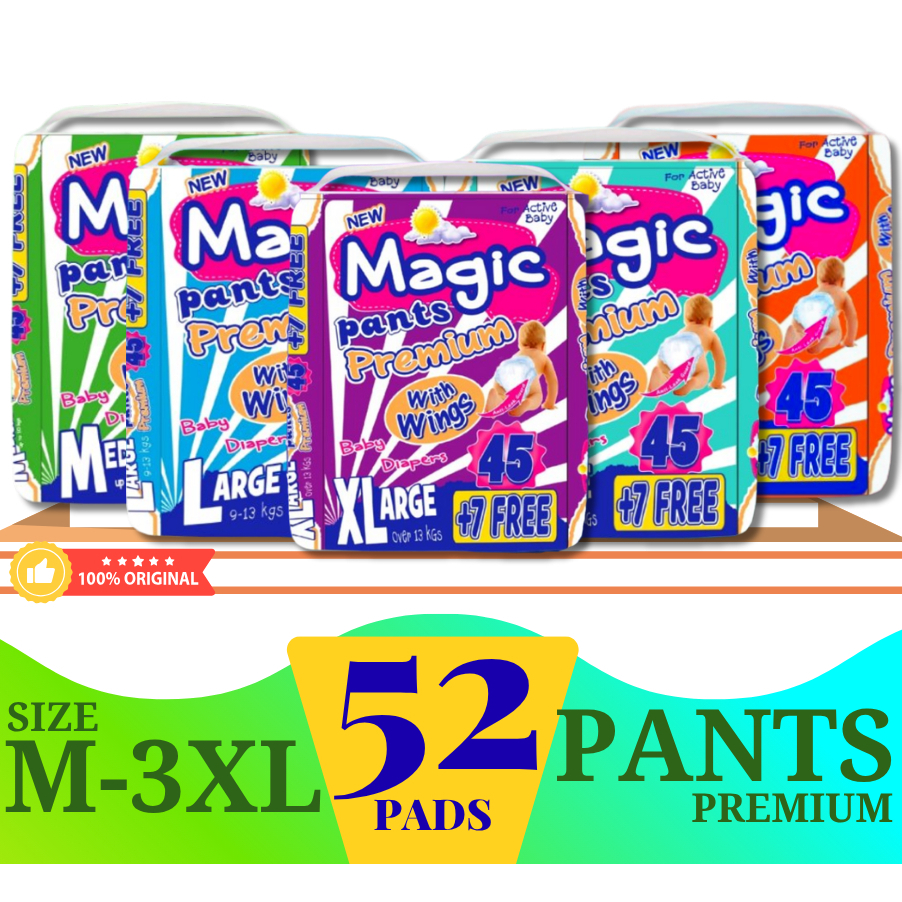 MAGIC PANTS PREMIUM DIAPER WITH WINGS by 45+7 free pads (MEDIUM-3XL ...
