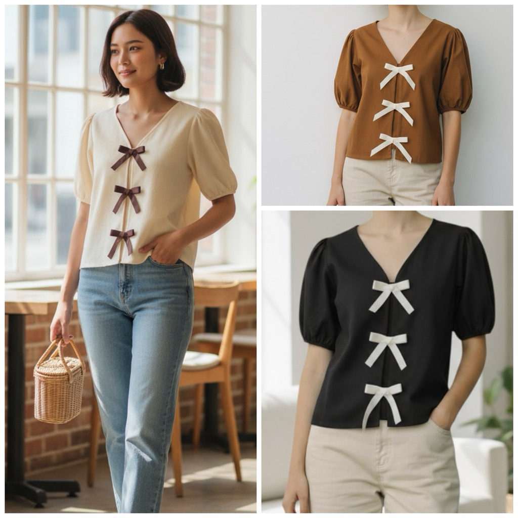 UNIQ.MNL Sienna Ribbon Puff Sleeve Top – Korean V-Neck Bow Blouse for Casual Wear | Shopee ...
