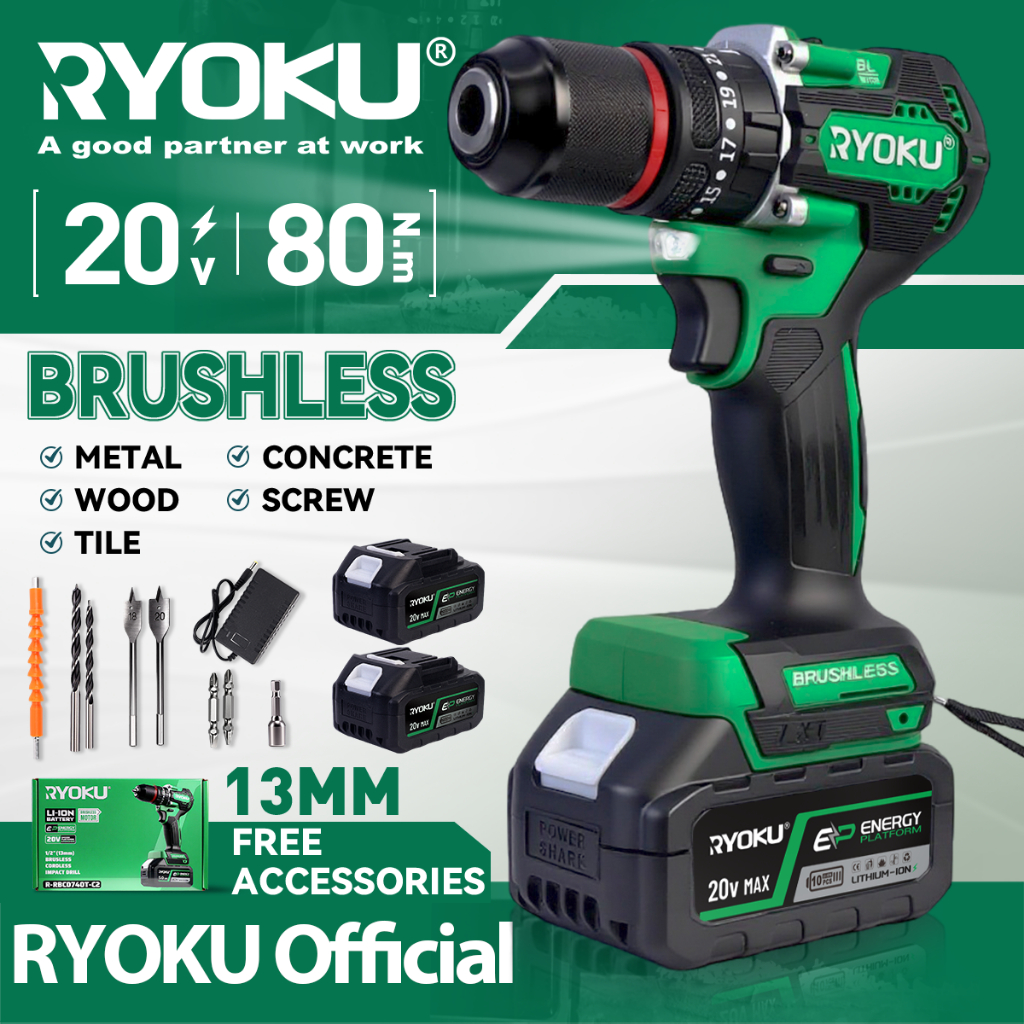 RYOKU 13MM Cordless Impacrt Drill Brushless Drill With Two Batteries | Shopee Philippines