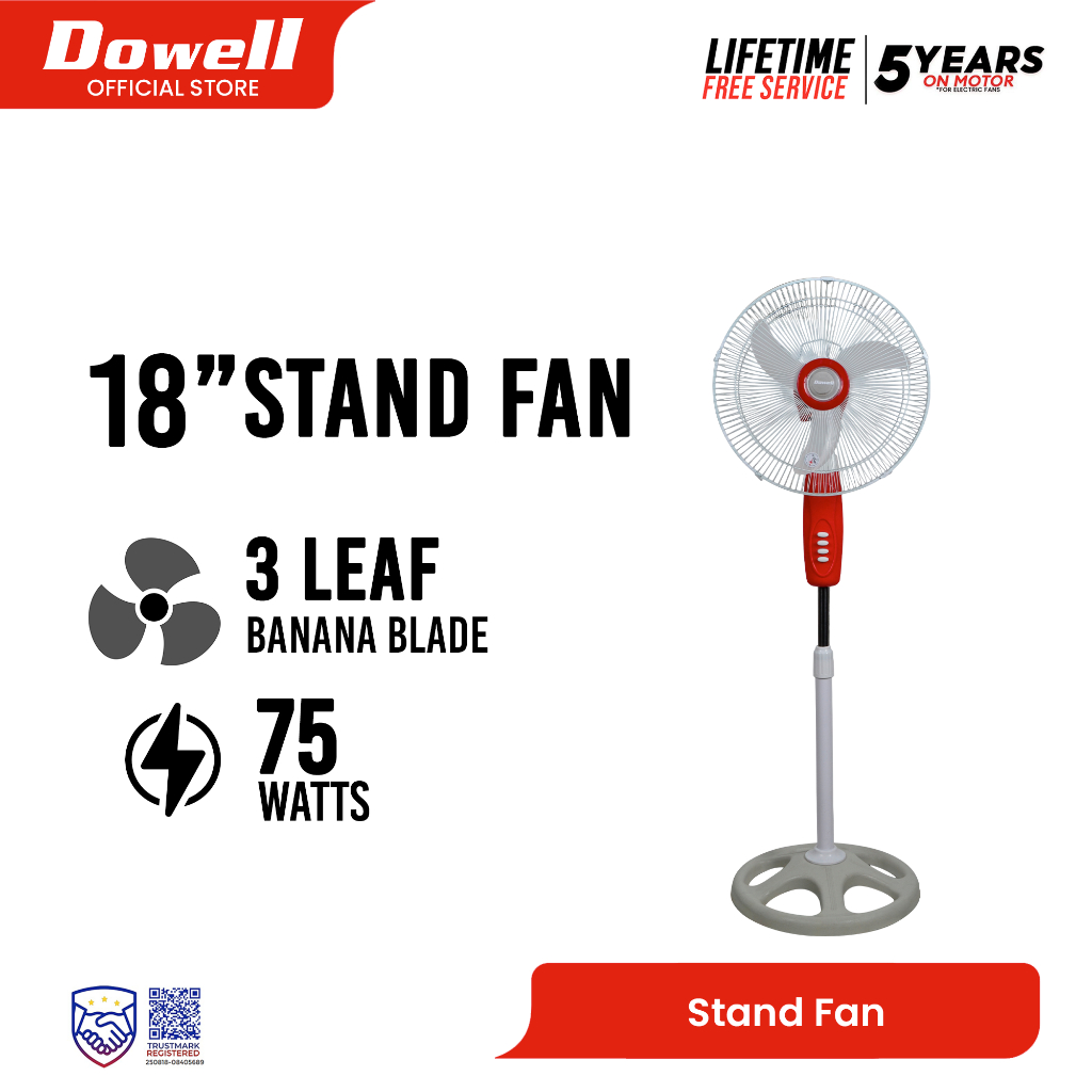 Dowell 18" Stand Fan 3 Leaf AS Blade Powerful Motor Thermal Fuse ...