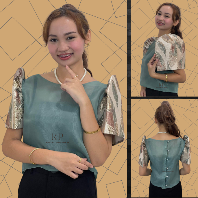 Kasuotang Pinoy -Modern Filipiniana Juci with Brocade Sleeve Top-Sage ...
