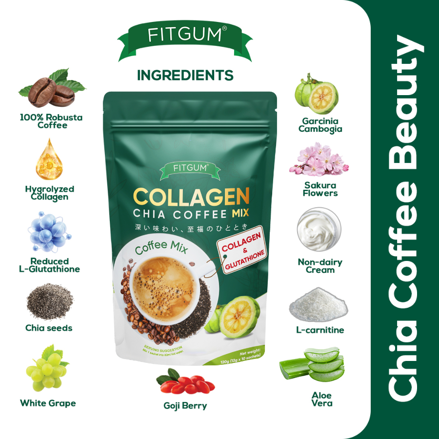 FITGUM 20X Collagen Chia Coffee With Glutathione Anti-Aging 11 in 1 ...