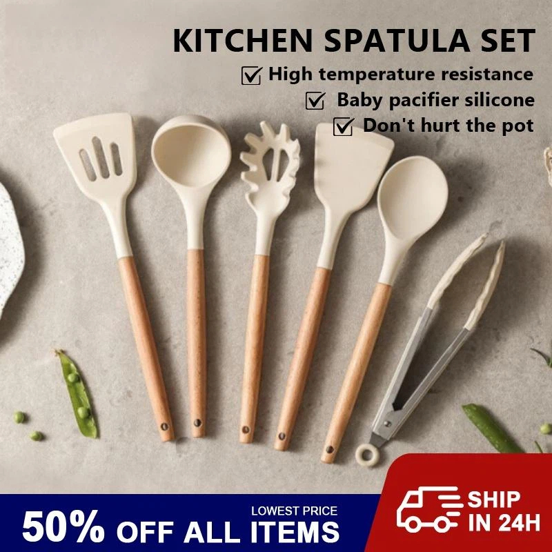 6PCS White Silicone Kitchenware Cooking Utensils Set Wooden Handle Non ...