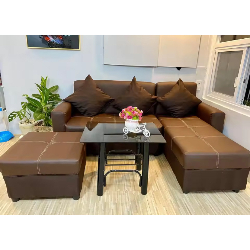 SALA SET L SHAPE BROWN LEATHER SOFA WITH GLASS TABLE URATEX FOAM / COD ...