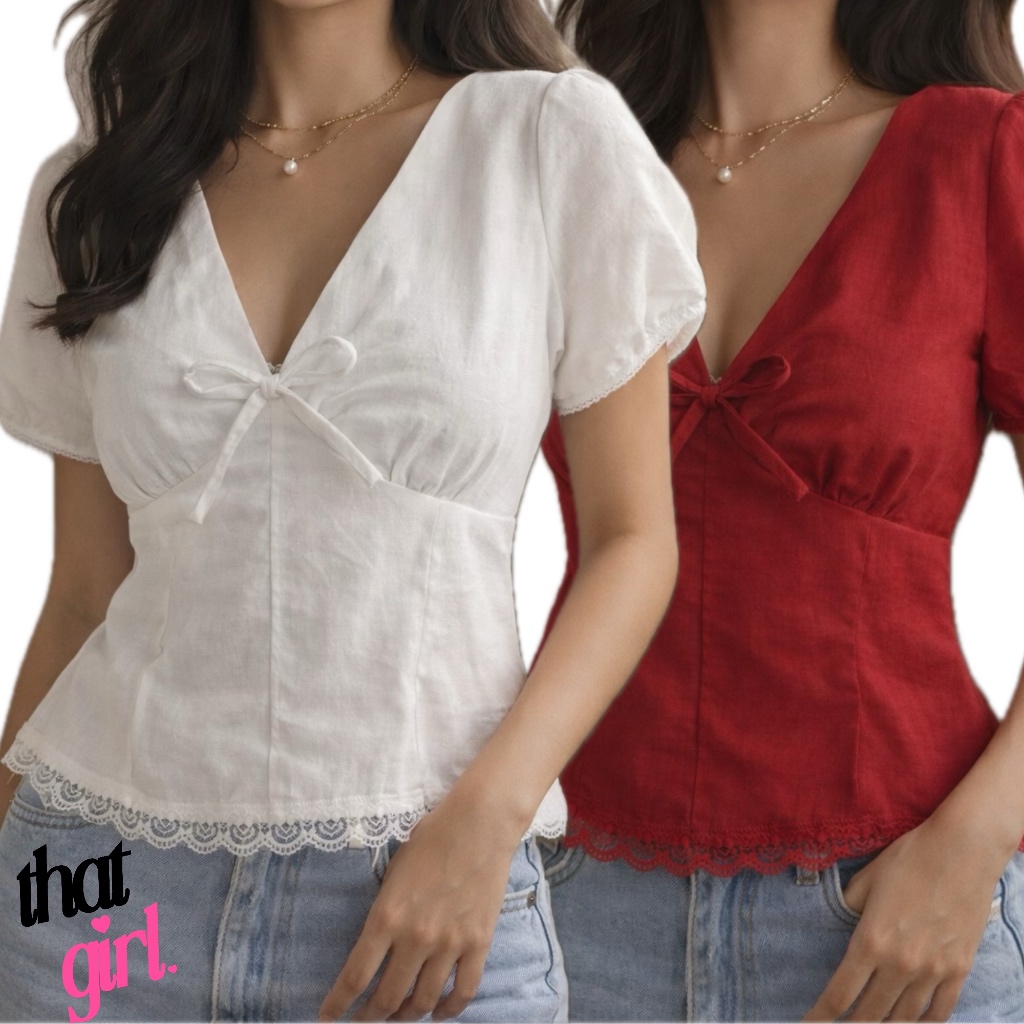 Women Vneck Lace Ribbon Linen Top | Casual Body Hugging Top Salcedo ...