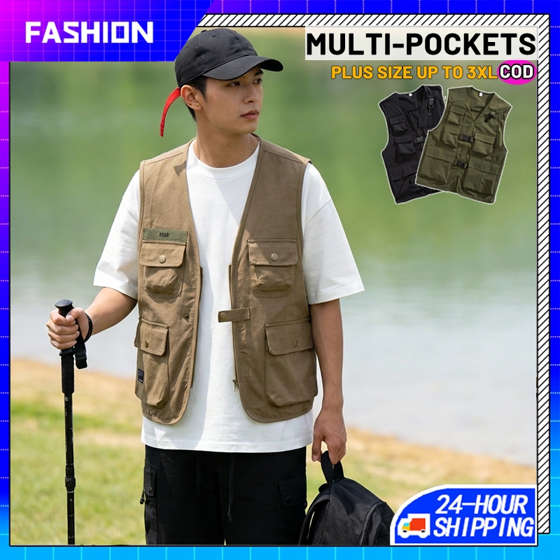 Cargo Vest For Men Outdoor Multi Pocket Khaki Utility Vest Sleeveless ...