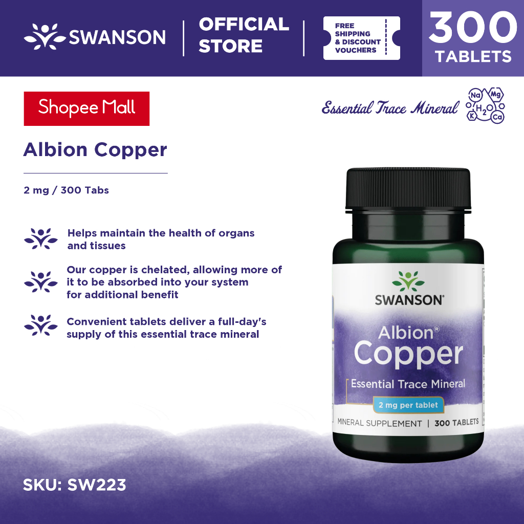 Swanson Albion Copper 2 mg 300 Tabs Essential Trace Mineral | Shopee ...