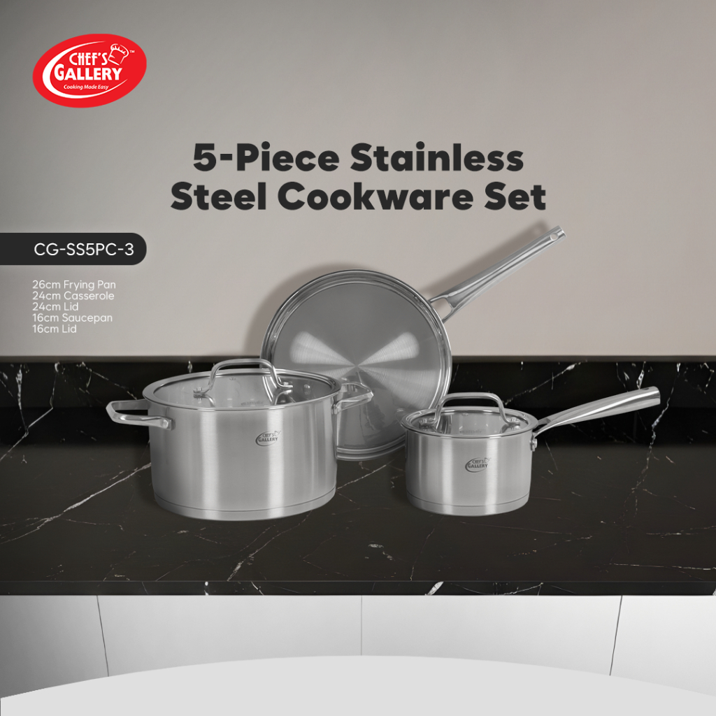 Chef's Gallery Stainless Steel 5-Piece Cookware Set, Induction Ready ...