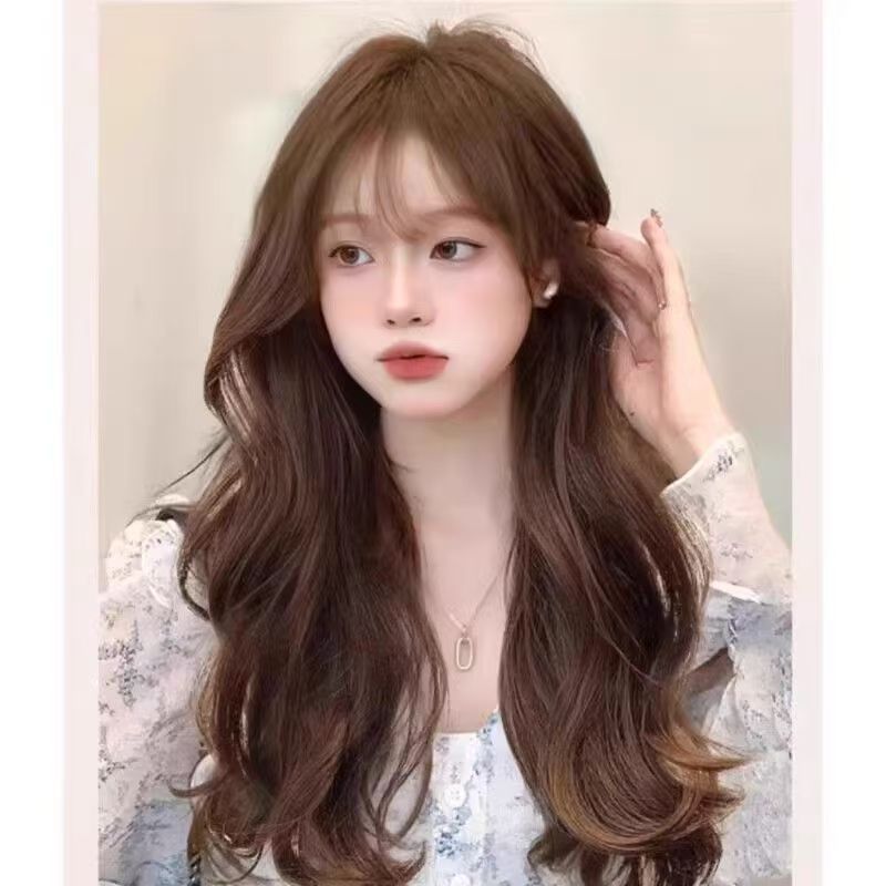 YOUJ Long Curly Hair Wig with Air Bangs Women Big Wave Natural Full ...