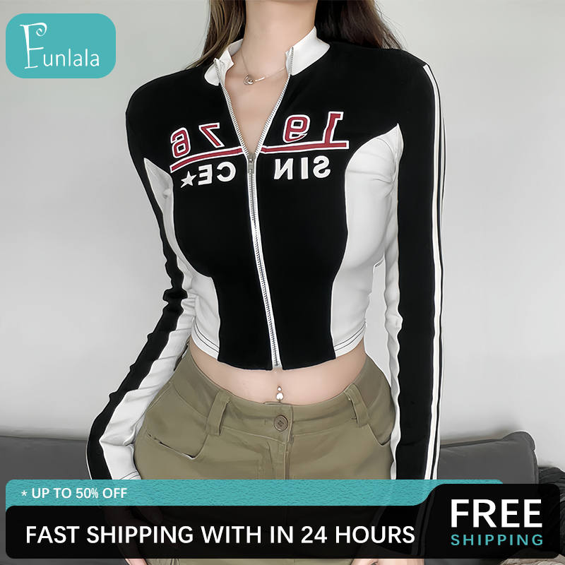 FUNLALA American Retro Motorcycle Style Letter Printed Zipper Jacket ...