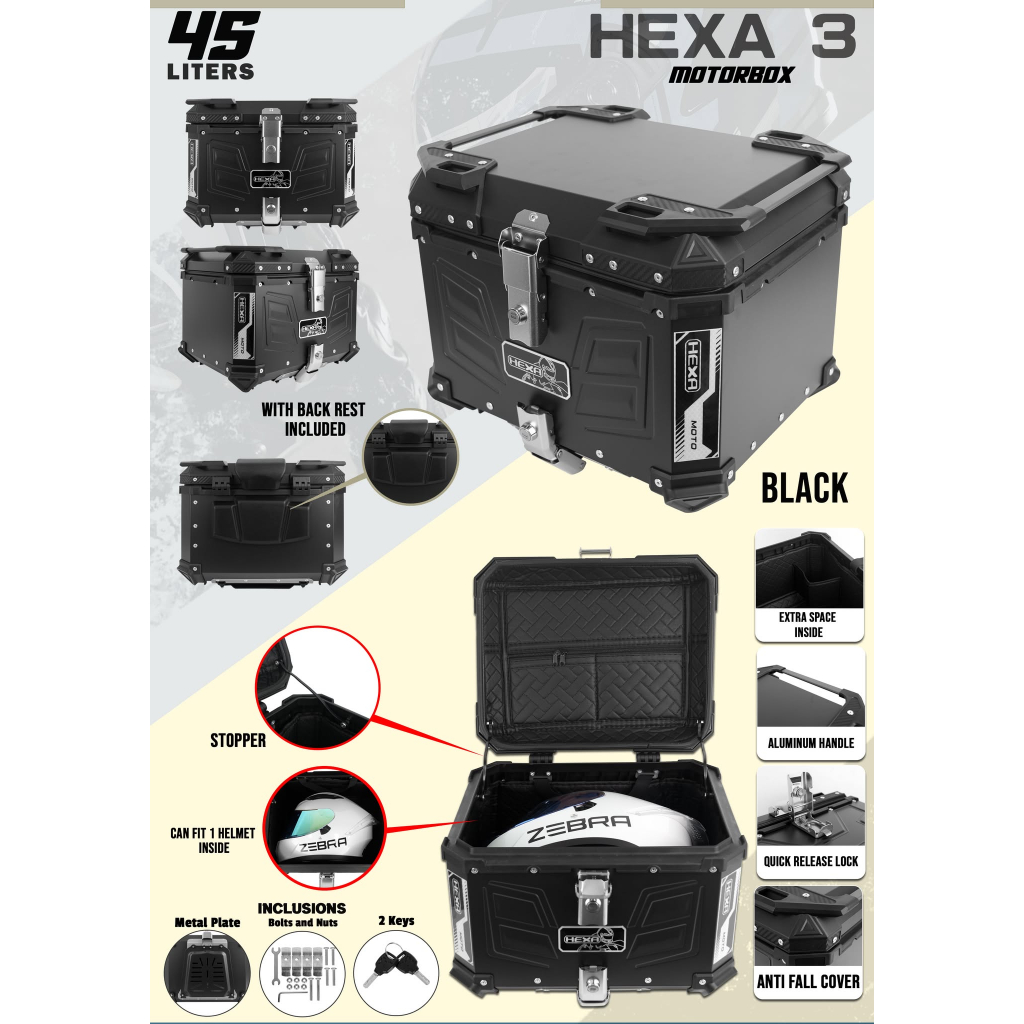HEXA 3 Alloy Top Box 45L - Black & White (Daul Lock/Backrest/Metal ...