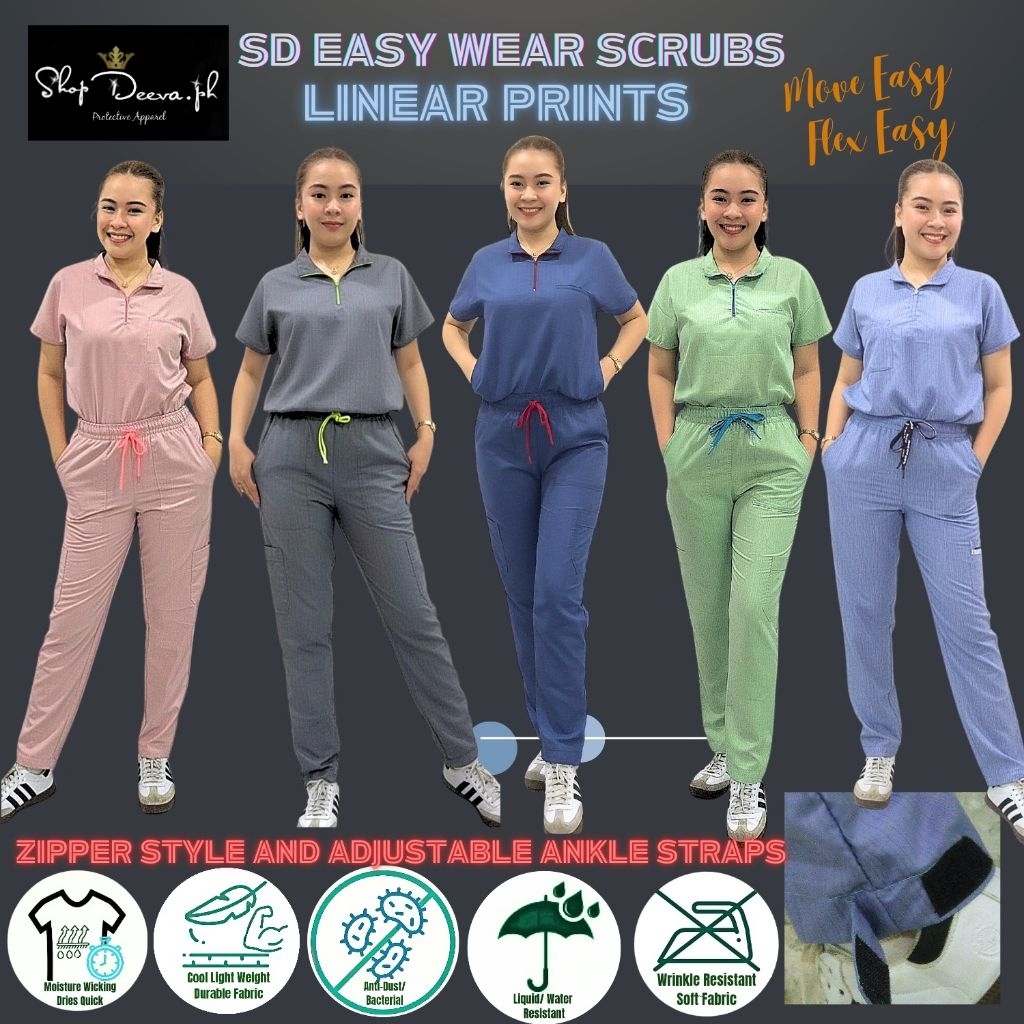 SD EASY WEAR LINEAR PRINTS SCRUBS Set (Zipper Front Top with Adjustable ...