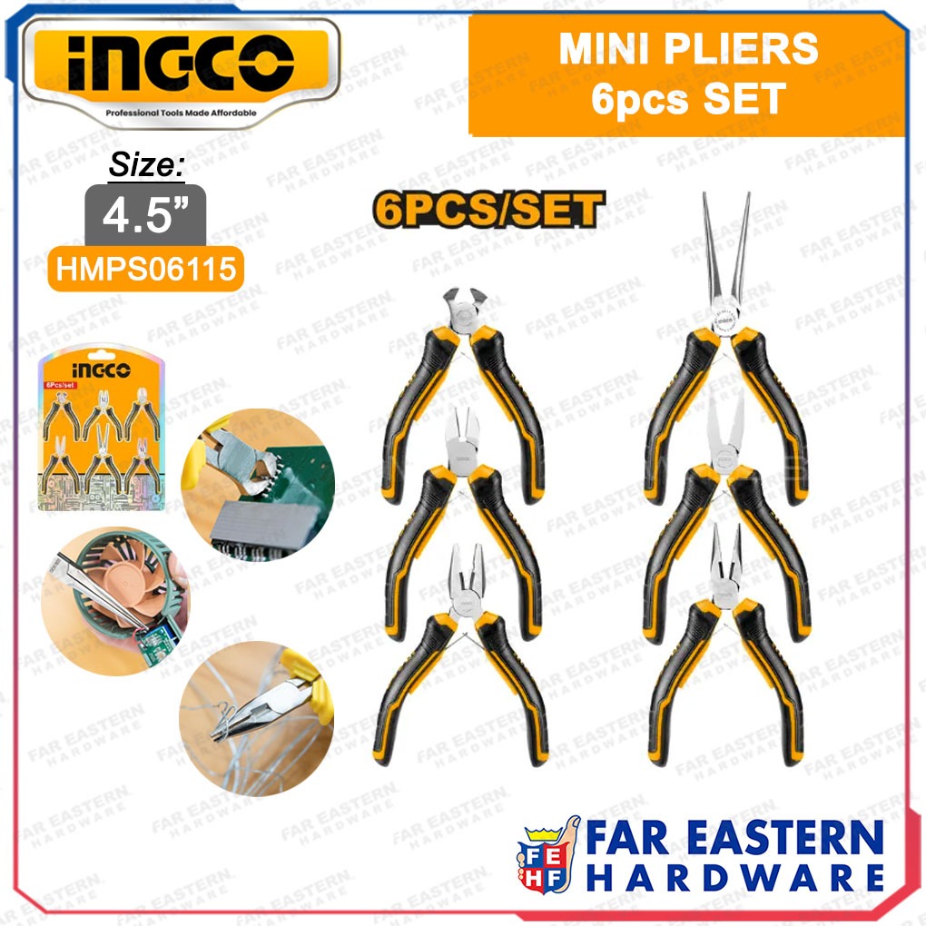 INGCO Mini Pliers Set 4.5" Combination | Long Flat Nose | Cutting 6pcs ...
