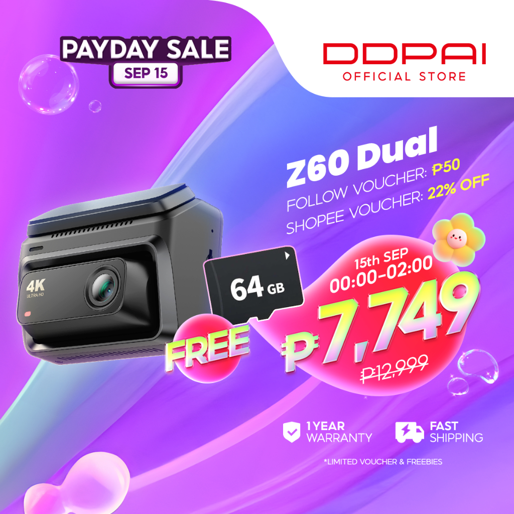 [NEW LAUNCH] DDPAI Z60 Dual 4K Ultra HD GPS 3 Channel Front & Rear Super Capacitor Dash Cam 4G ...