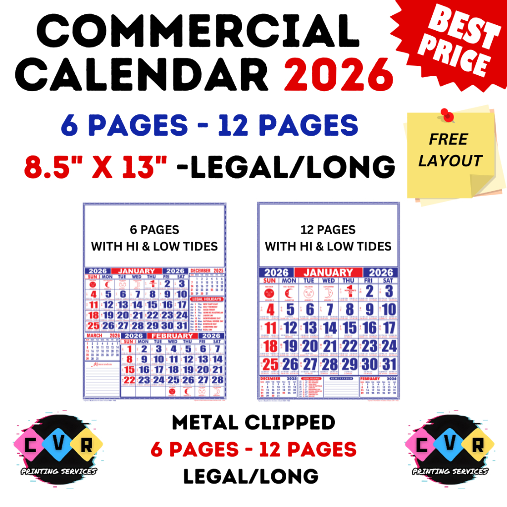 COMMERCIAL CALENDAR 2026 - 6 &12 PAGES -8.5X13 (LOWEST PRICE) | Shopee ...