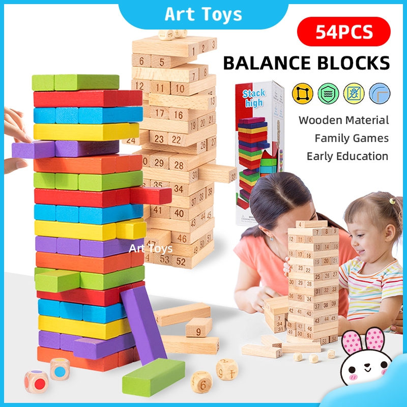 54Pcs Big Wooden Balance Blocks Toy Color Number Stacking Tower Game ...