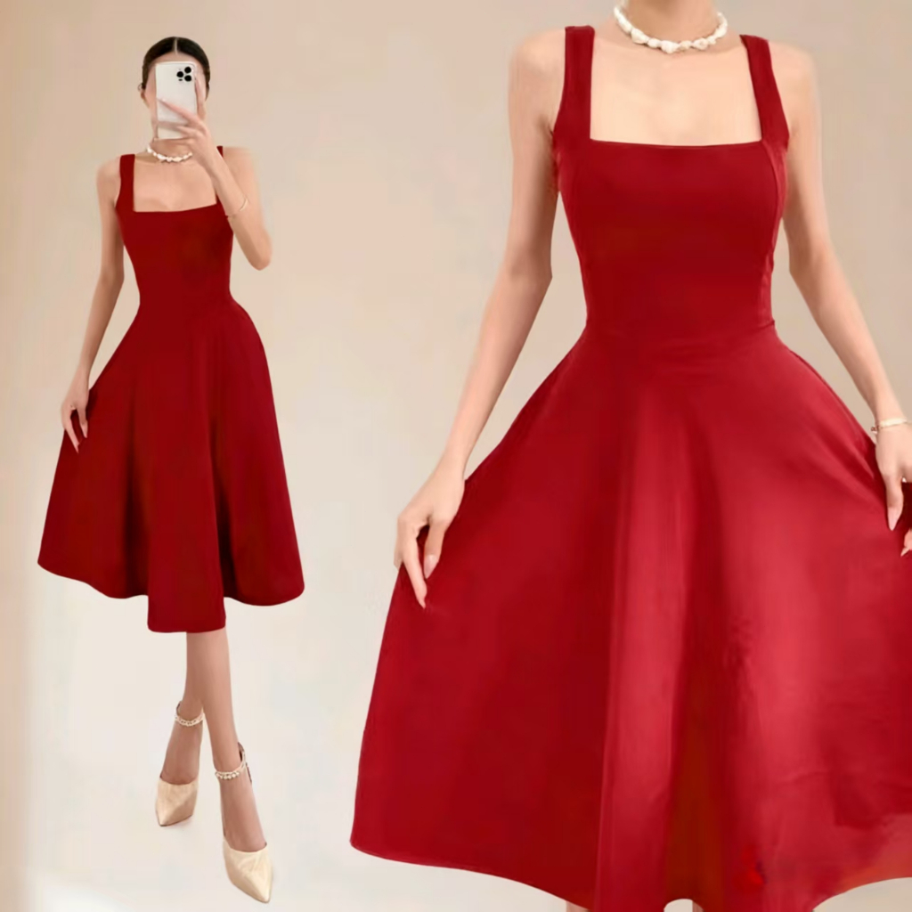 UIKI Formal Square-neck Mid-length Dress A-shaped Strapless Pleated ...