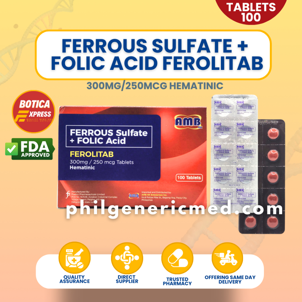 FEROLITAB Ferrous Sulfate + Folic Acid 300mg/250mcg (100 Tablets ...