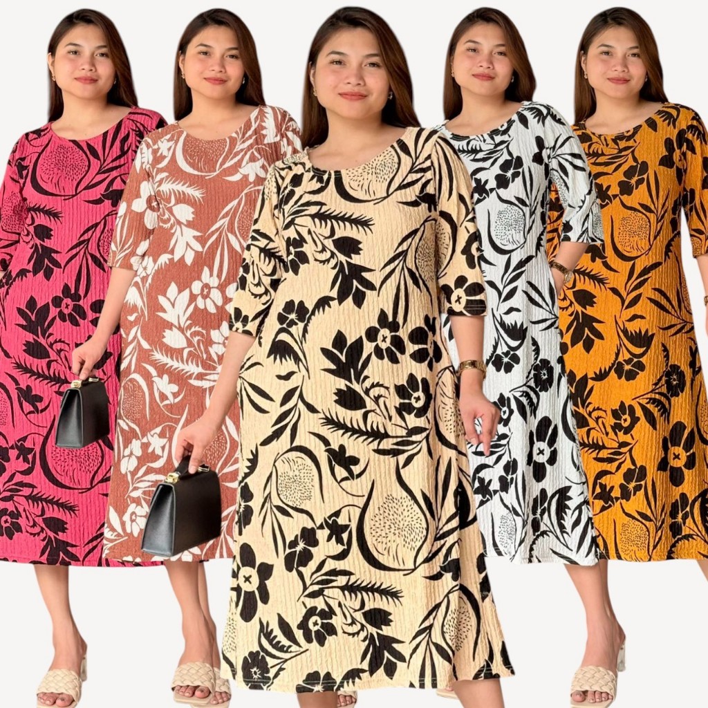 Criselda Round Neck 3/4 Long Sleeve Bark Crepe Women Casual Midi Dress ...