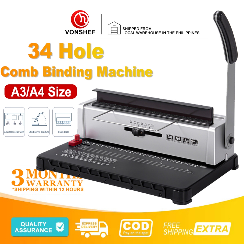 34 Hole Ring / Comb Binding Machine A4/A3 Size Heavy Duty Office Wire ...