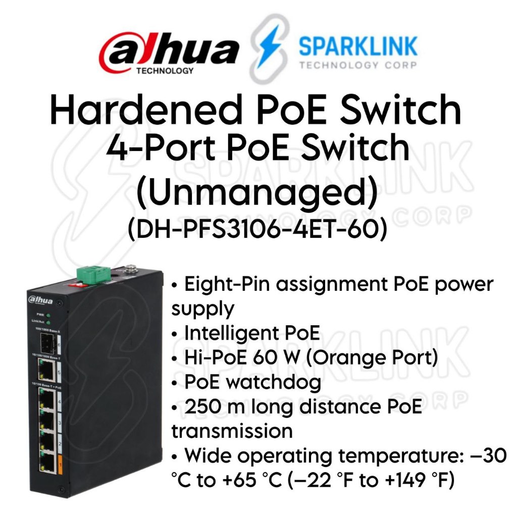 Dahua DH-PFS3106-4ET-60 4-Port Hardened PoE Switch Unmanaged 60W Hi-PoE ...
