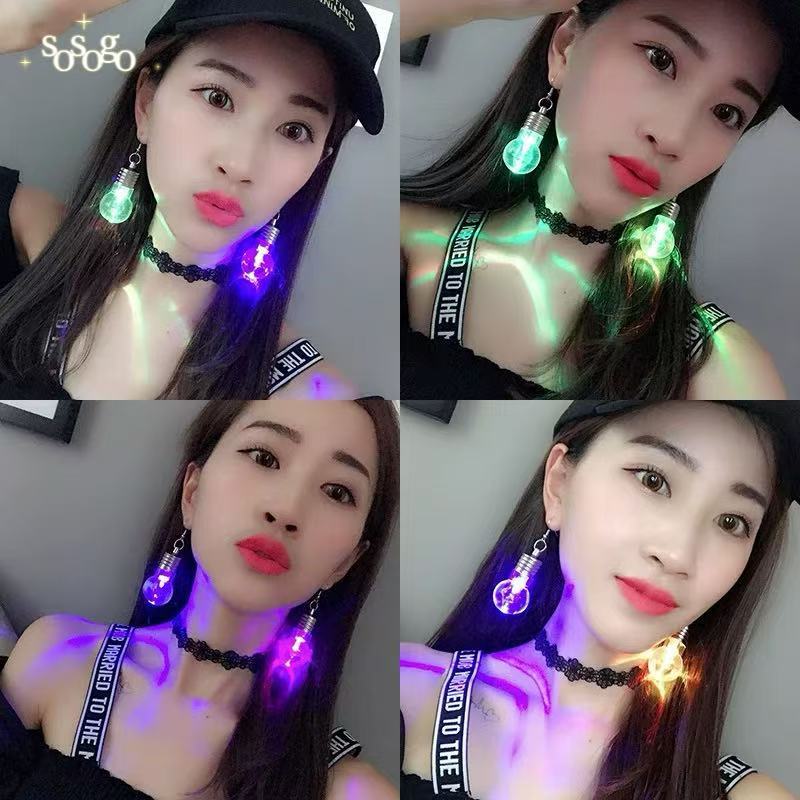 Colorful light bulb earrings worn by fashionable women with flashing ...