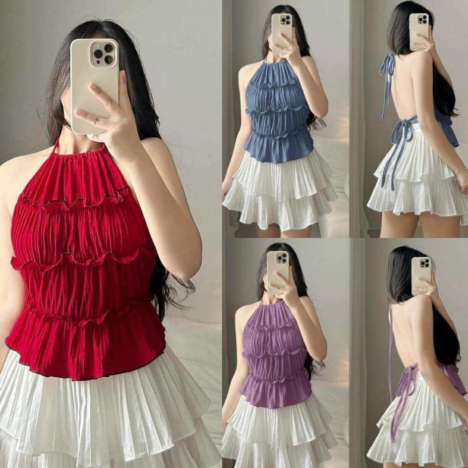 ALICE Trendy Halter Layered Lettuce Backless Bark Crepe Top for Women ...