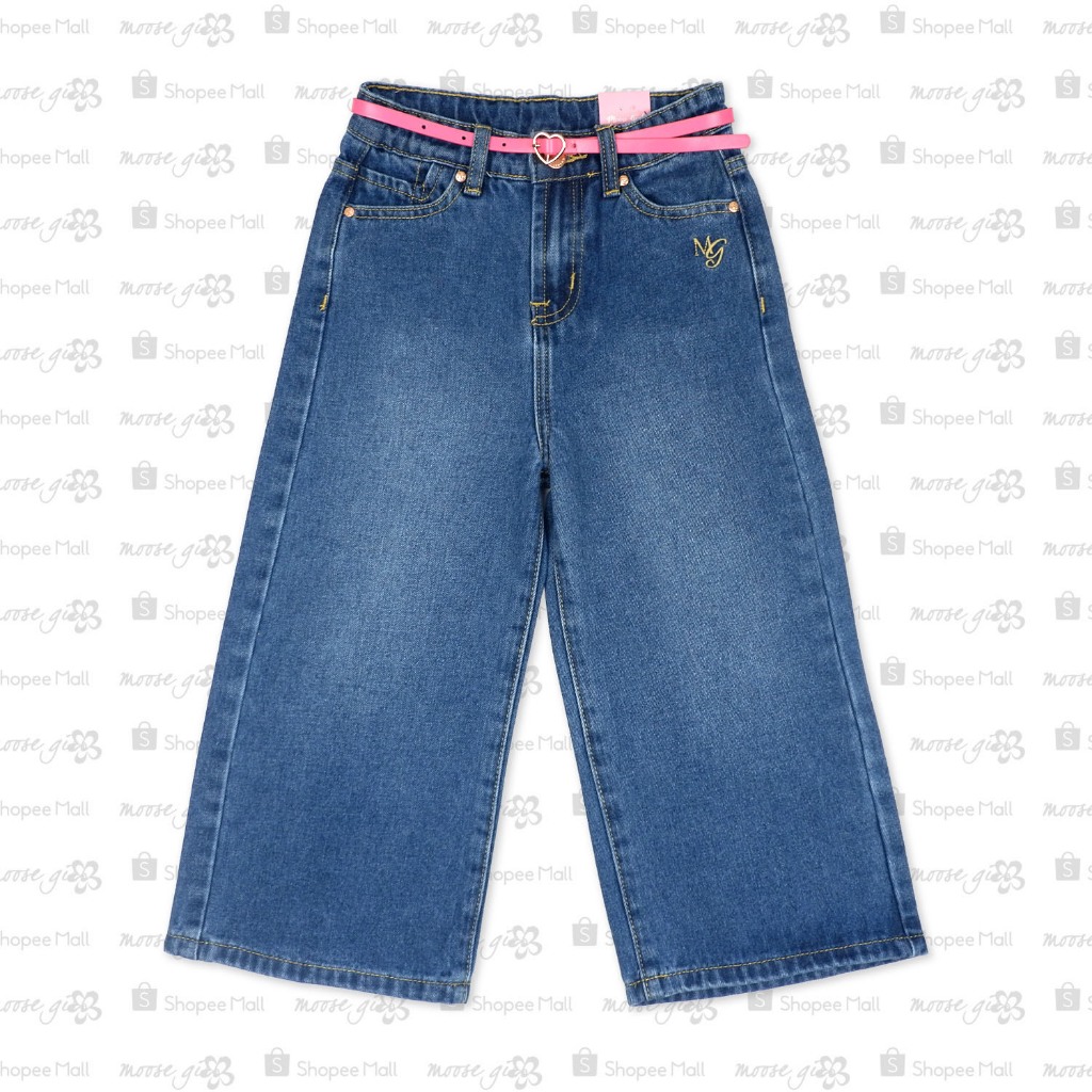 Moose Girl Blue Wide Leg Denim Pants With Strawberry Pink Belt (GDWP ...