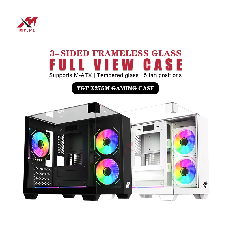 YGT X275M M-ATX Gaming PC Case Panoramic column-free 3-sided glass sea ...