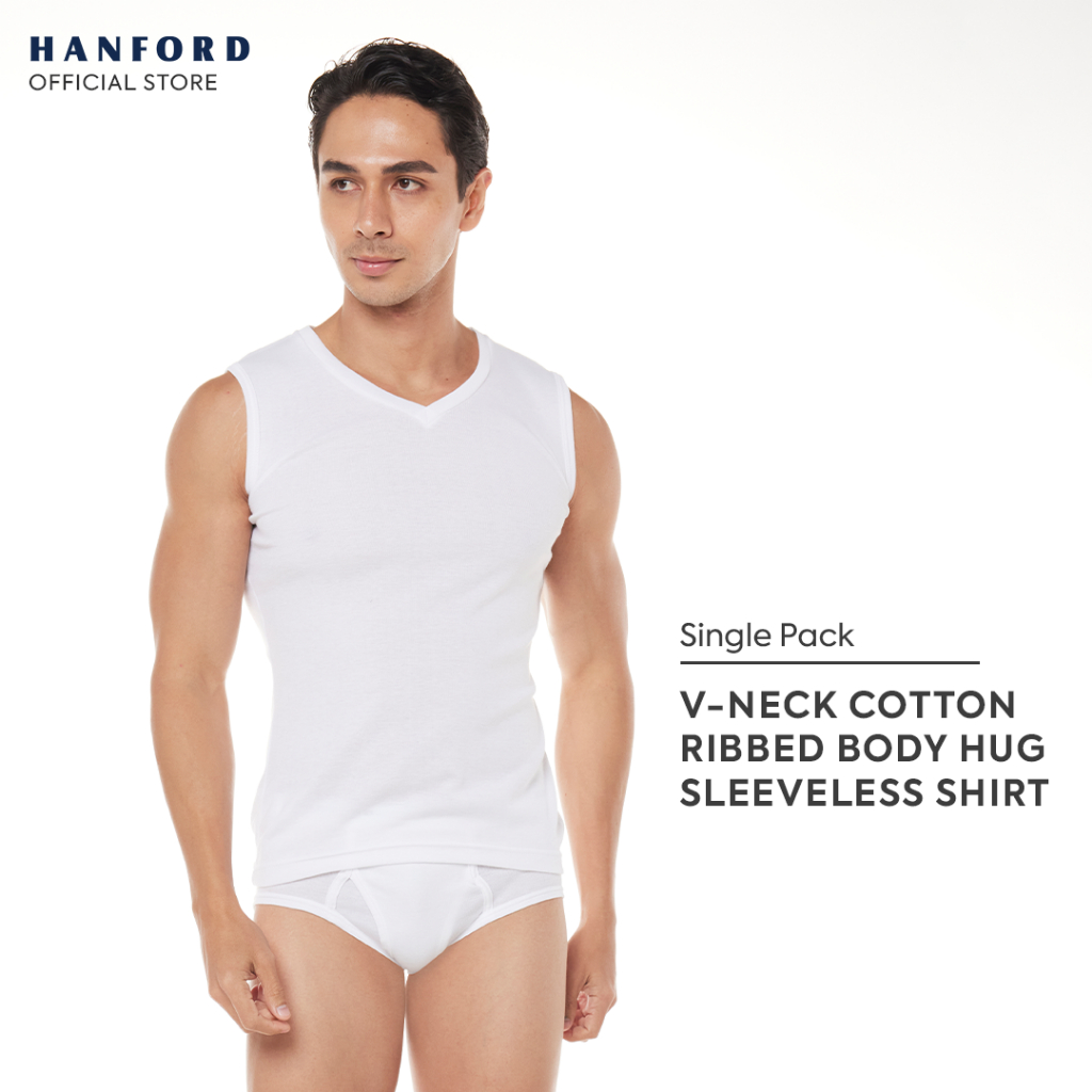 Hanford Men V-Neck Cotton Rib Body Hug Muscle Sleeveless Shirt - White ...
