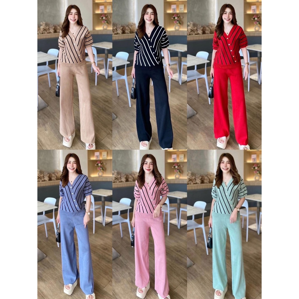 EZ Surplice V-neck Button-up Stripe Top & Wide Leg Garter Pants ...